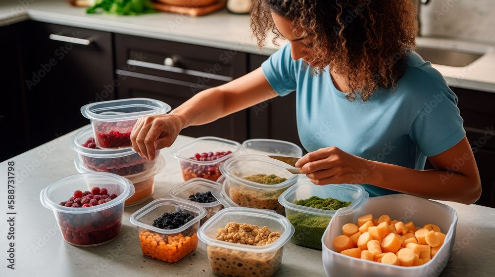Batch Cooking Meal Prep Woman Packing Food in Tupperware for Organized ...