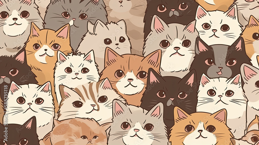 pattern with cats in anime style created with Generative AI technology ...
