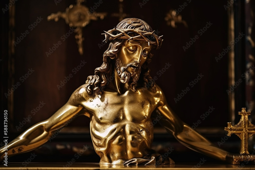 Jesus Christ golden or gold statue with thorns. Christianity messiah or ...