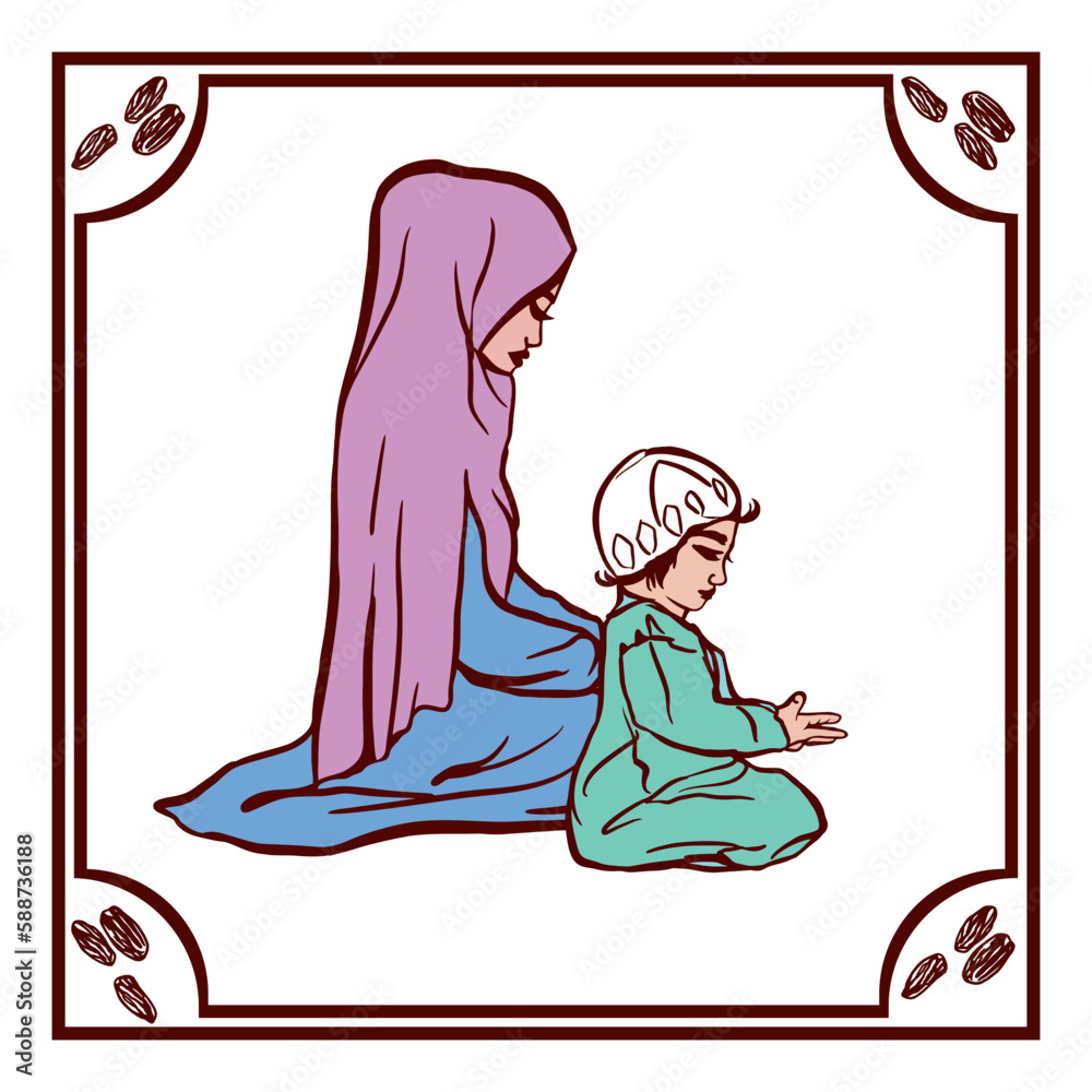 Religious muslim boy and woman reading namaz on white background for ...