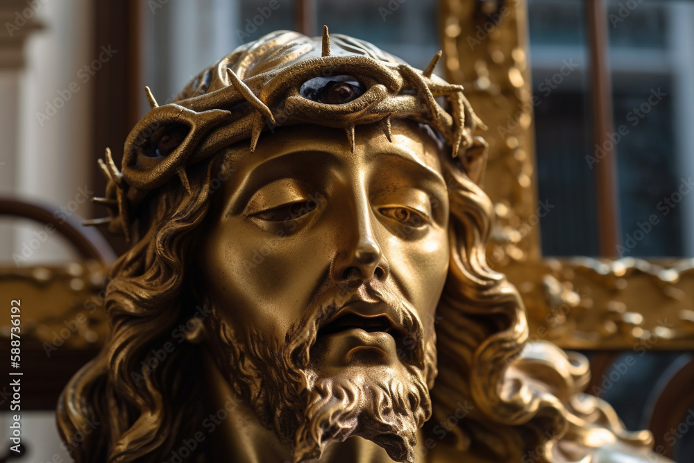 Jesus Christ golden or gold statue with thorns. Christianity messiah or ...