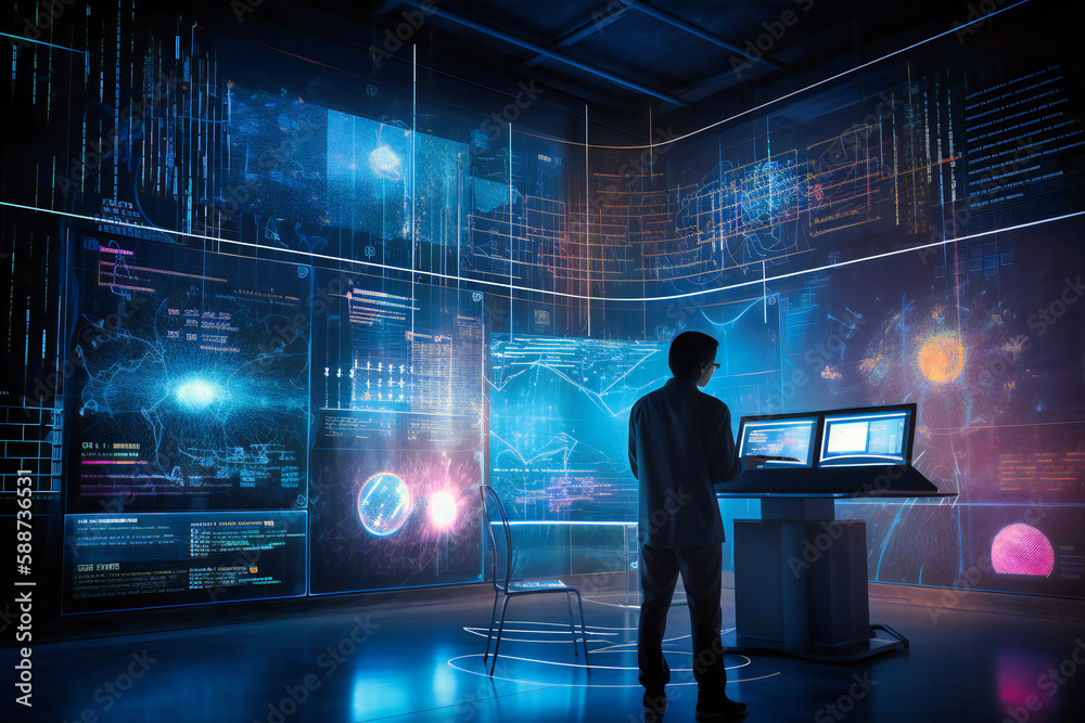 Businessman analyzing charts and graphs on a futuristic display in a ...