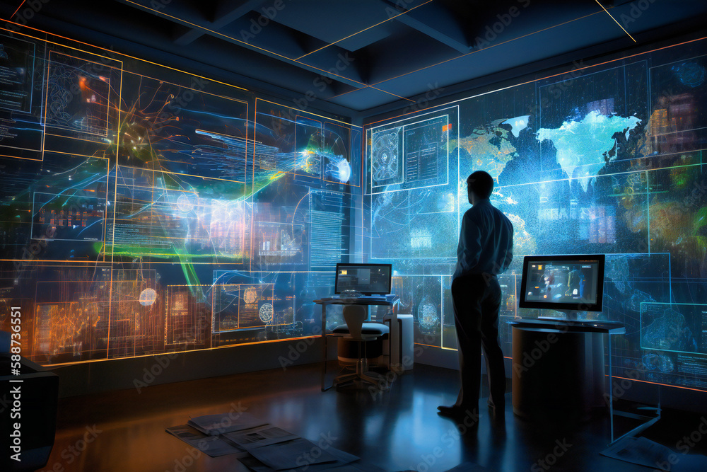 Businessman analyzing charts and graphs on a futuristic display in a ...