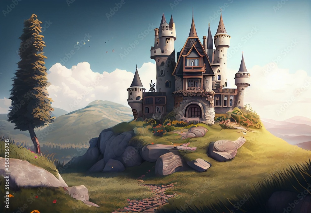 Cartoon scene of a castle on the hill - scene for different fairy tales ...