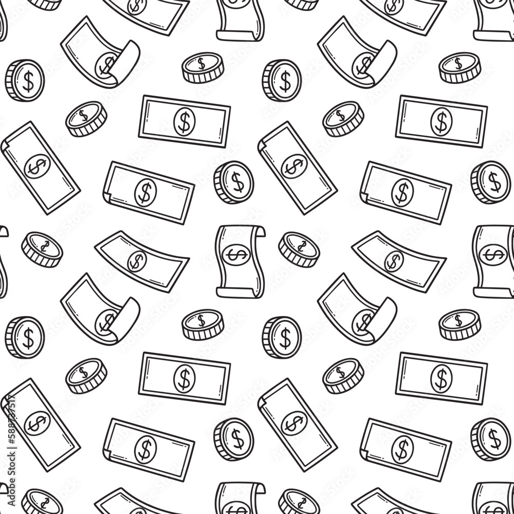 Seamless pattern of raining money doodle. Falling Dollar Banknotes ...