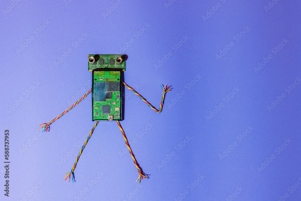 Hand made robot flat lay on the arduino platform. DIY. AI. STEAM.purple ...