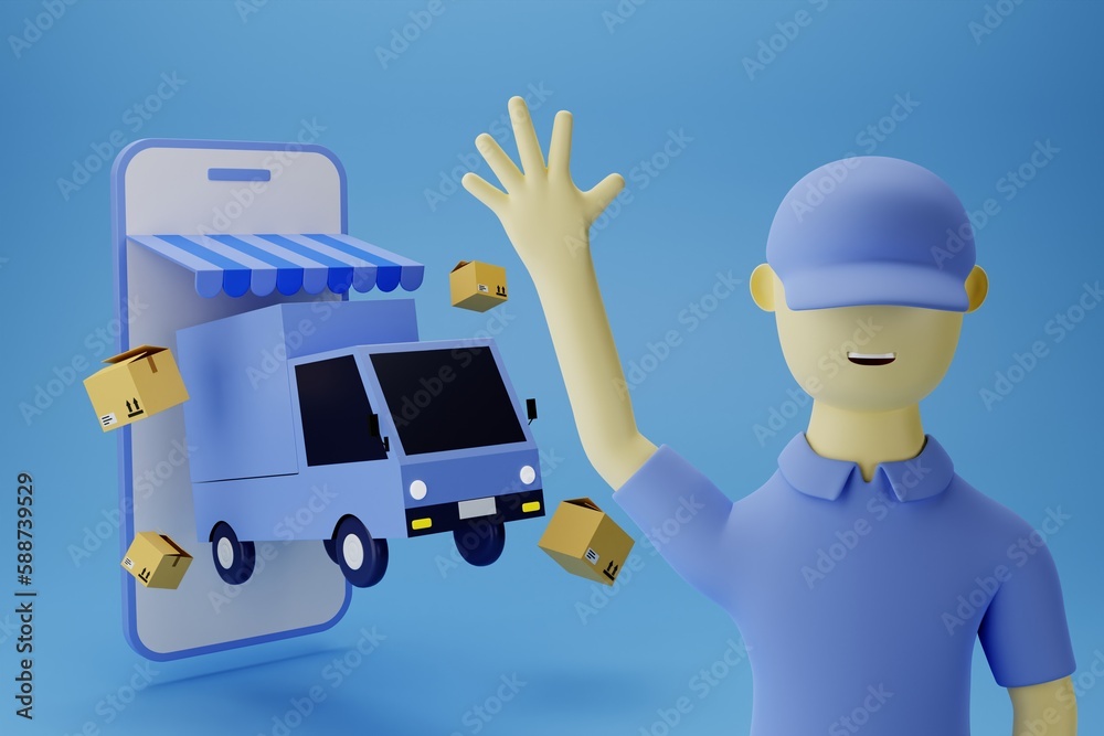 3d package delivery car. a courier character who gives a wave. E ...