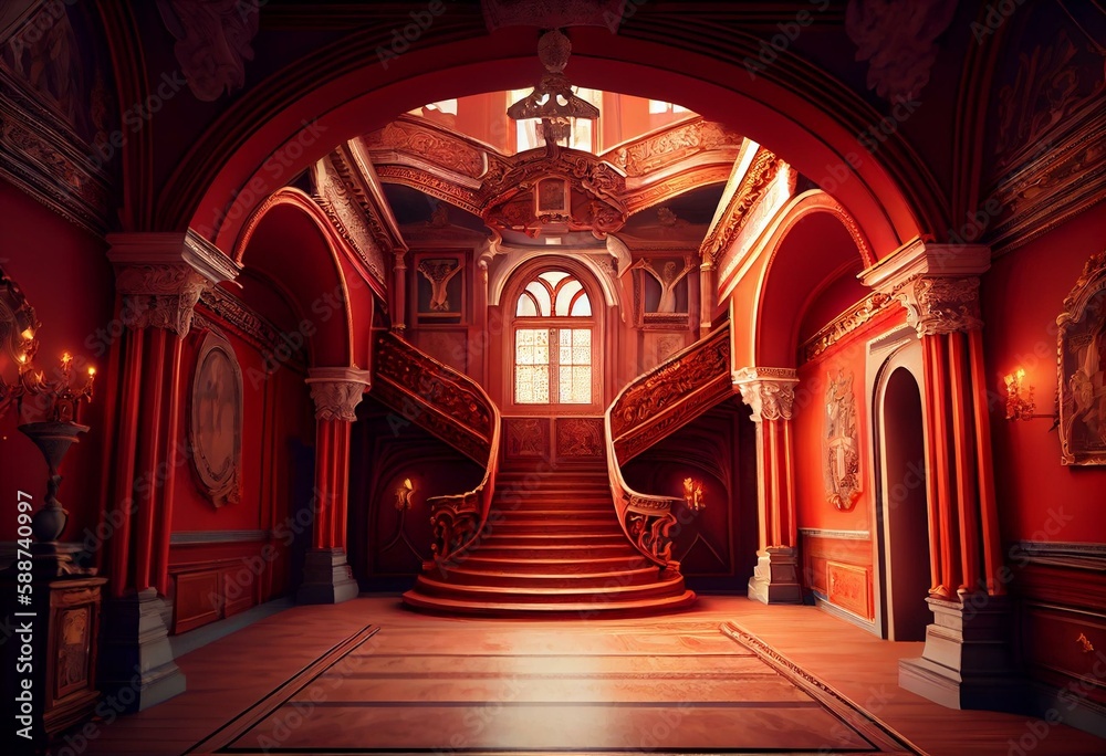 Oil Paint of A realistic fantasy interior of the royal palace. golden ...