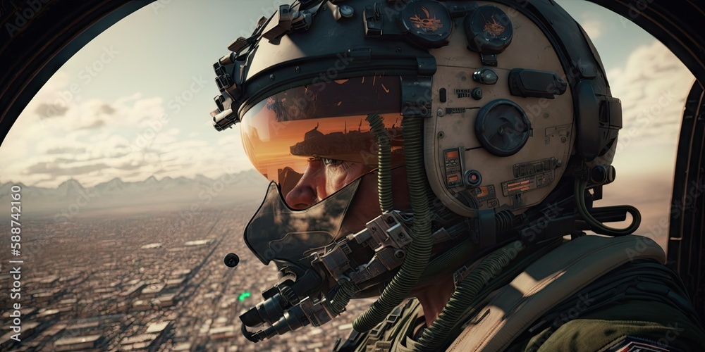 Dogfight: Fighter Pilot in Cockpit of Fighter Jet Over City. Generative ...