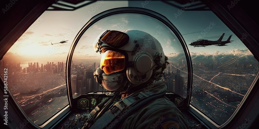 Dogfight: Fighter Pilot in Cockpit of Fighter Jet Over City. Generative ...
