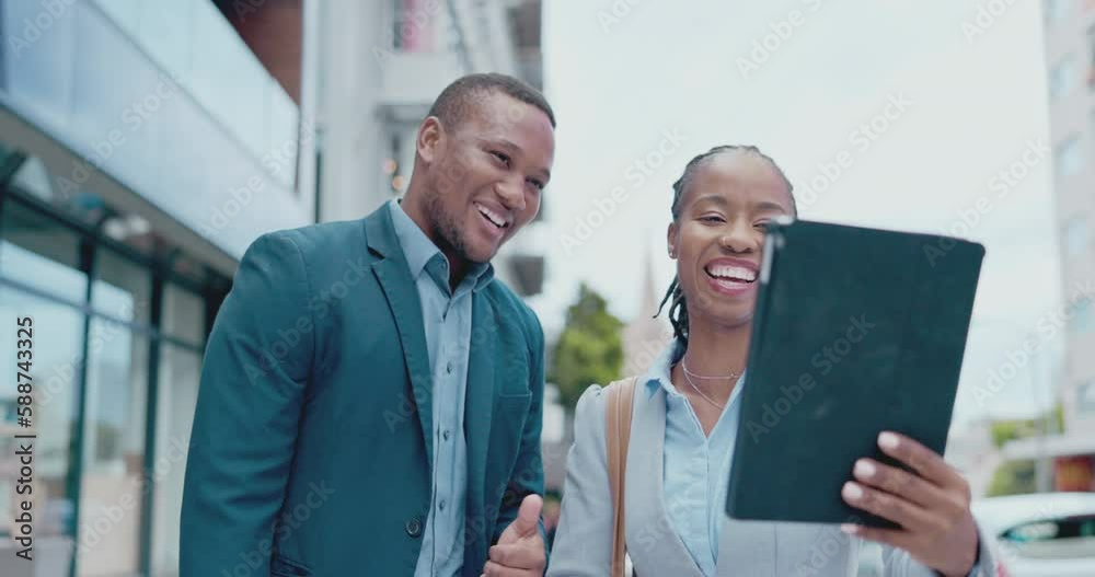 Tablet, wave and video call in the city with a business team using 5g ...