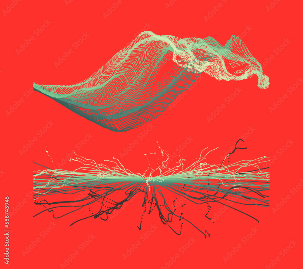 Point explode. Array with dynamic emitted particles. Water splash imitation. Abstract background ...