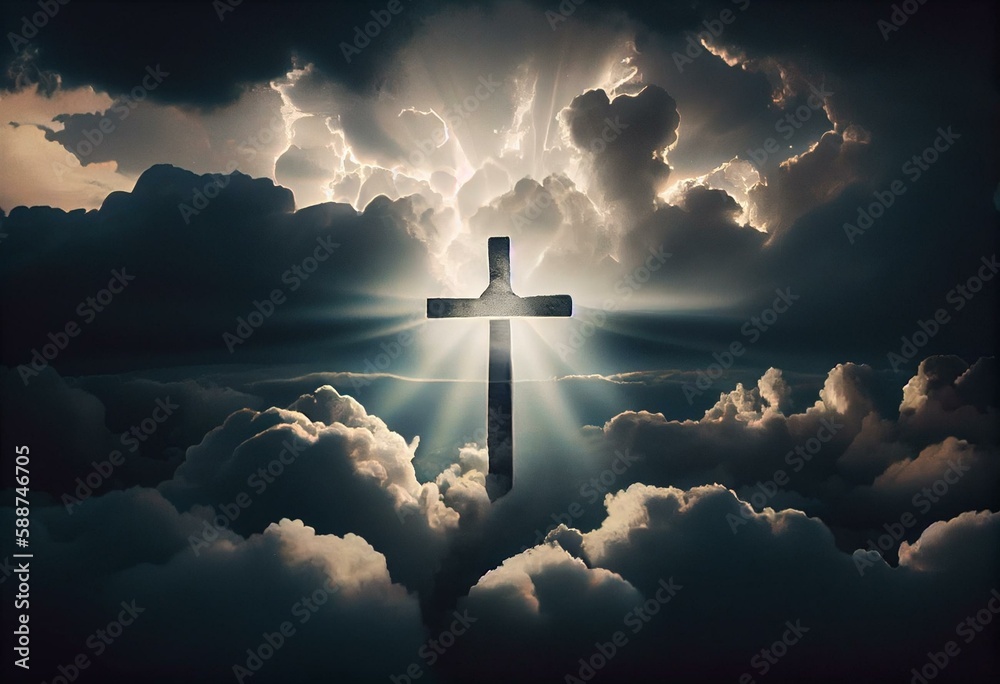 Latin cross on clouds. Symbol of Christianity. A heavenly light shines ...