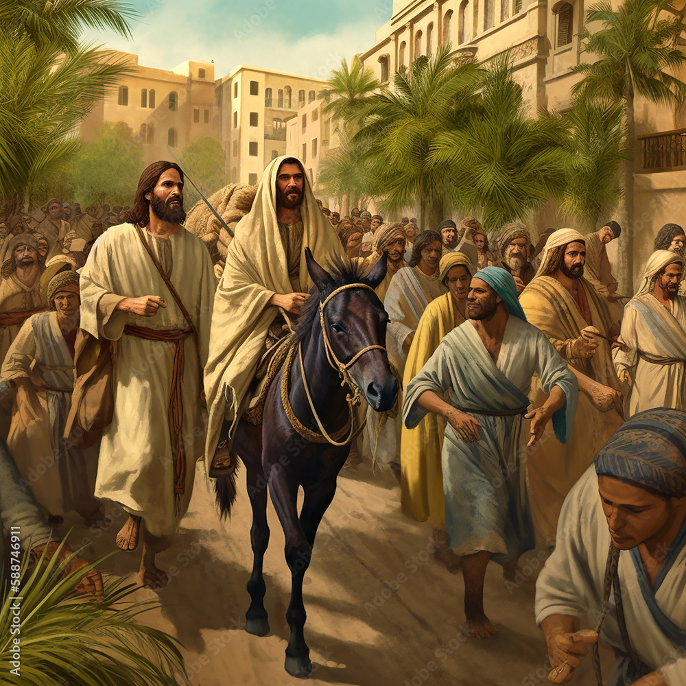 Jesus christ riding a donkey into jerusalem.Ai generativ. Stock ...