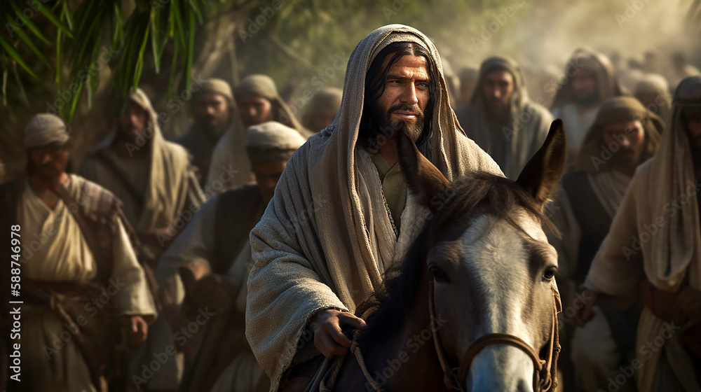 Jesus christ riding a donkey into jerusalem.Ai generativ. ilustração do ...