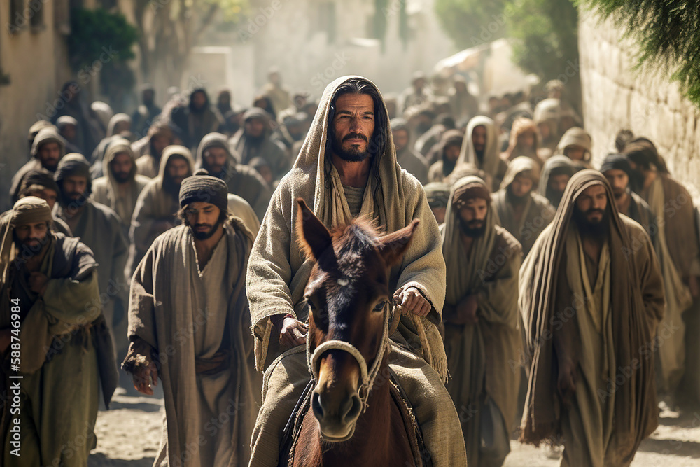 Jesus christ riding a donkey into jerusalem.Ai generativ. Stock ...