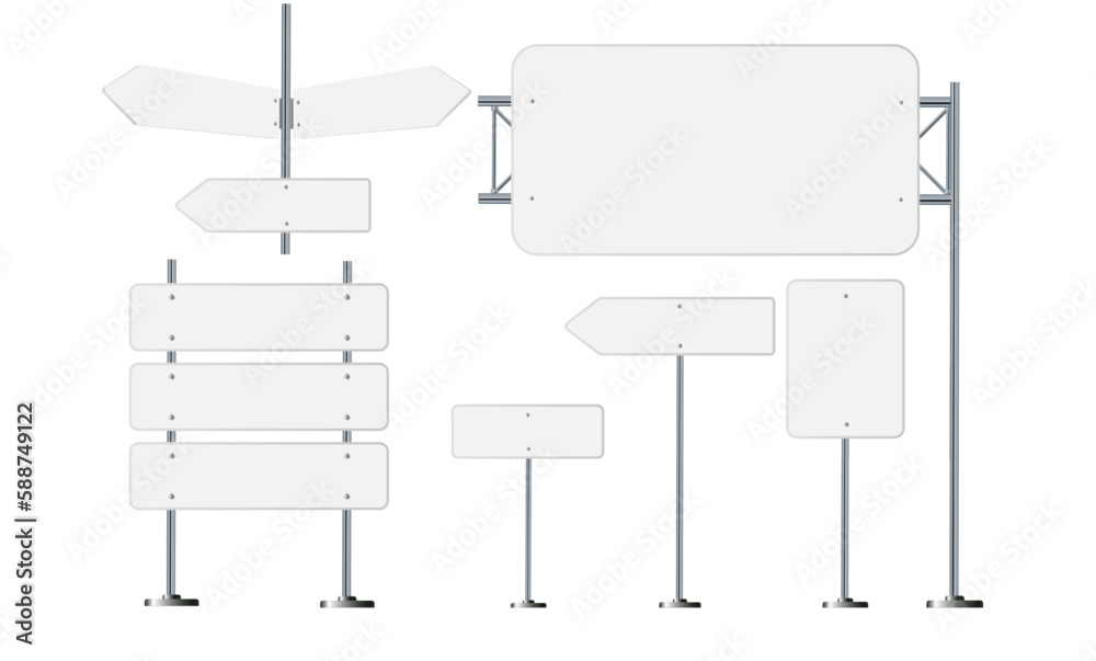 Road, traffic signs. Highway signboard on metal pole. Blank white board ...