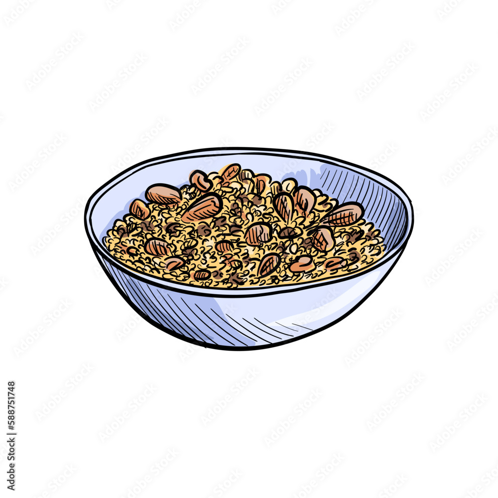 vector sketch of bowl with porridge and fruits and nuts, hand drawn ...