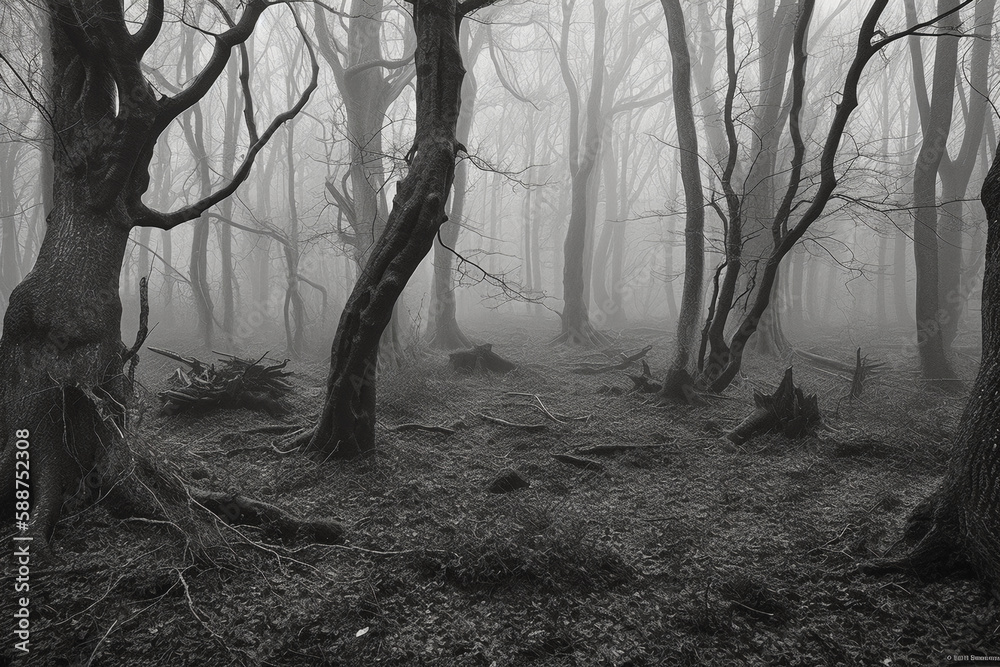 twisted and gnarled trees, casting long shadows and rustling ominously ...