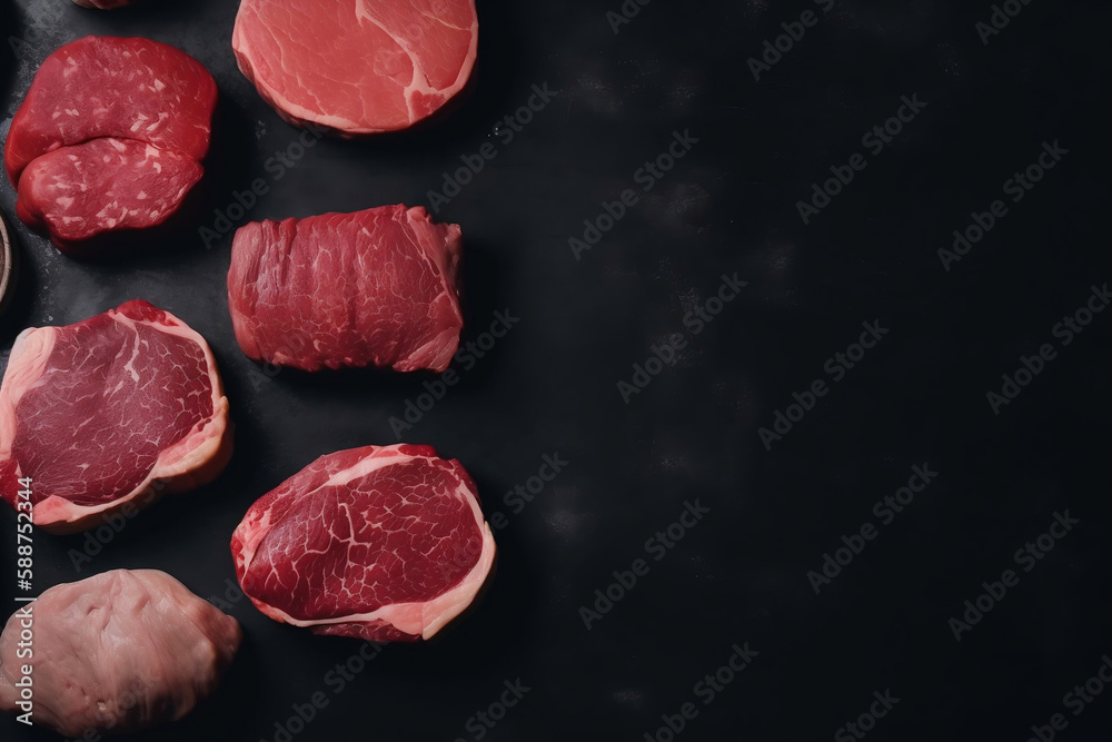 Raw red meat, different types, top view, food style menu, generative ai ...