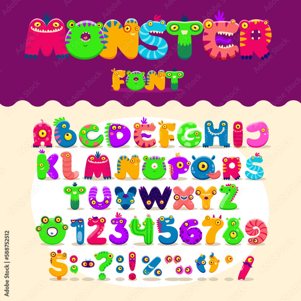 Cartoon monsters font, type, typeface and alphabet Stock Vector | Adobe ...