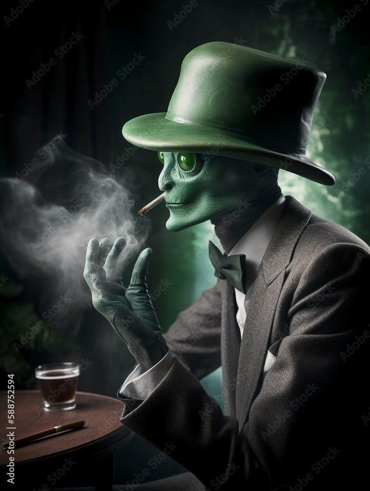 Glamorous photo of a grey roswell Alien drinking beer and smoking a ...