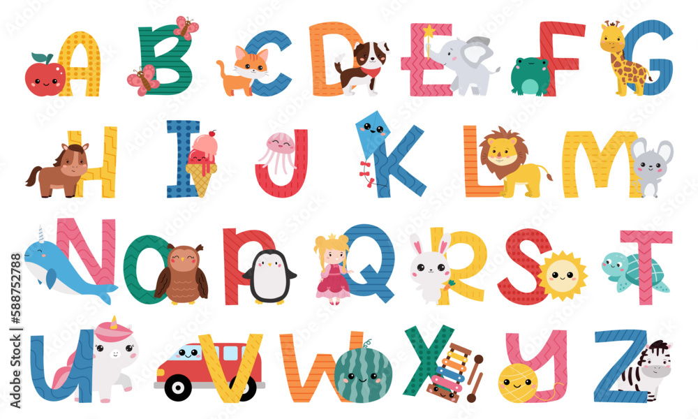 English alphabet letters with cute animals, birds, food and objects ...