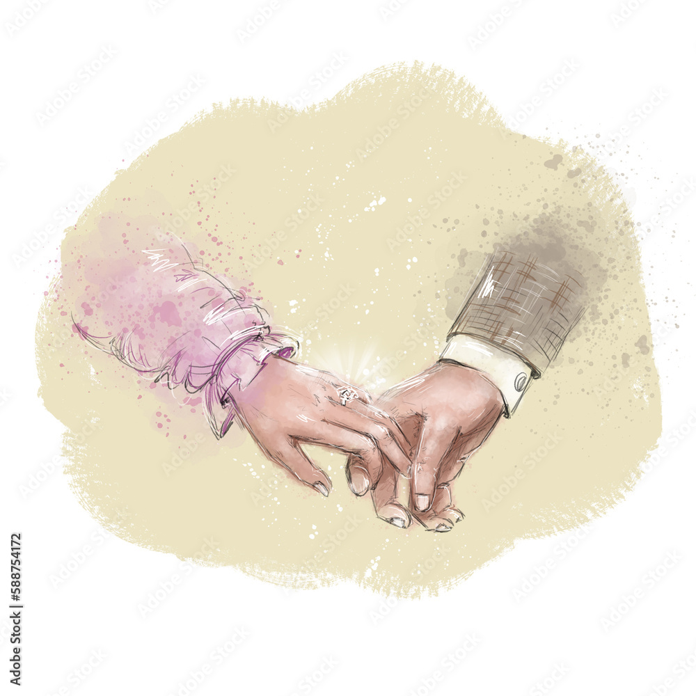 The hand of the bride and groom on a yellow background, wedding ...
