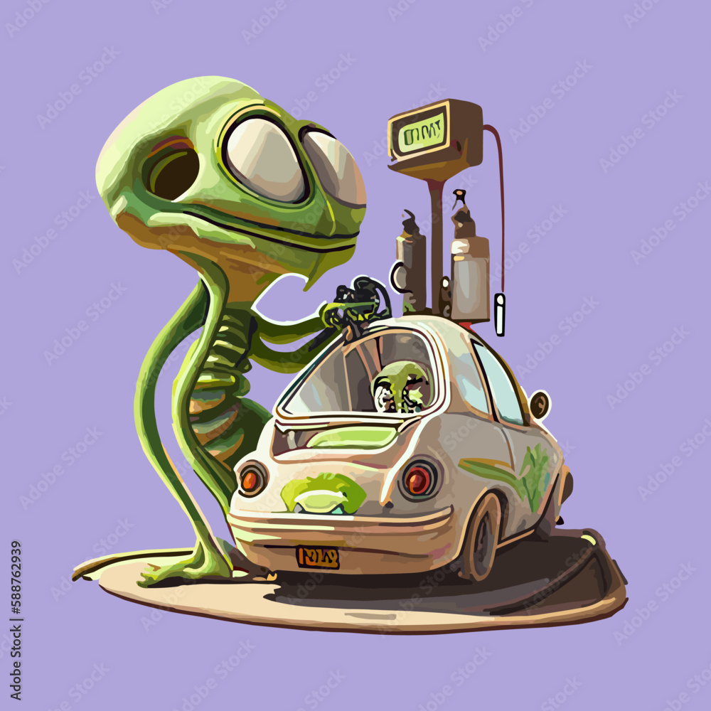 Vector cute and fantastic alien wall arts , with gas station Stock ...