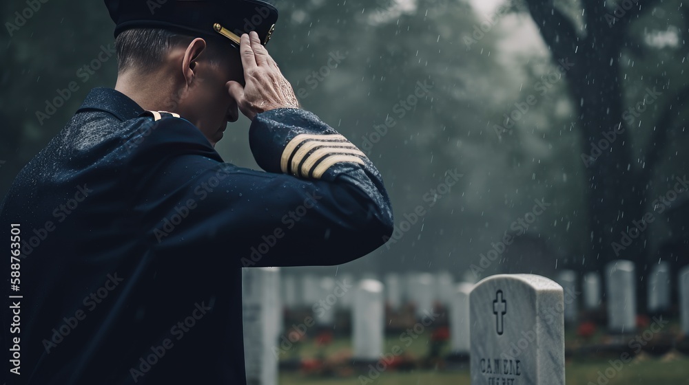 Military Officer Saluting Fallen Soldier's Grave in Service Dress Blue Uniforms on a Rainy Day ...