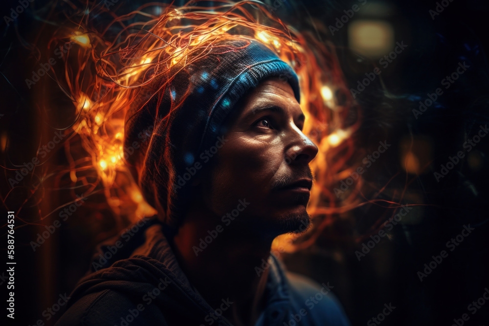 intense and powerful thought emanating from a man's mind. Generative Ai ...