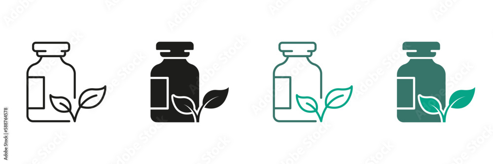 Herbal Medicine Line and Silhouette Icon Set. Pharmaceutical Organic ...