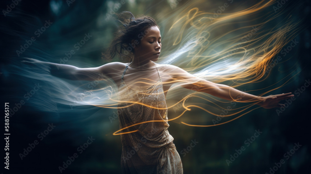 Ethereal woman dancing in nature with light trails. Generative Ai ...