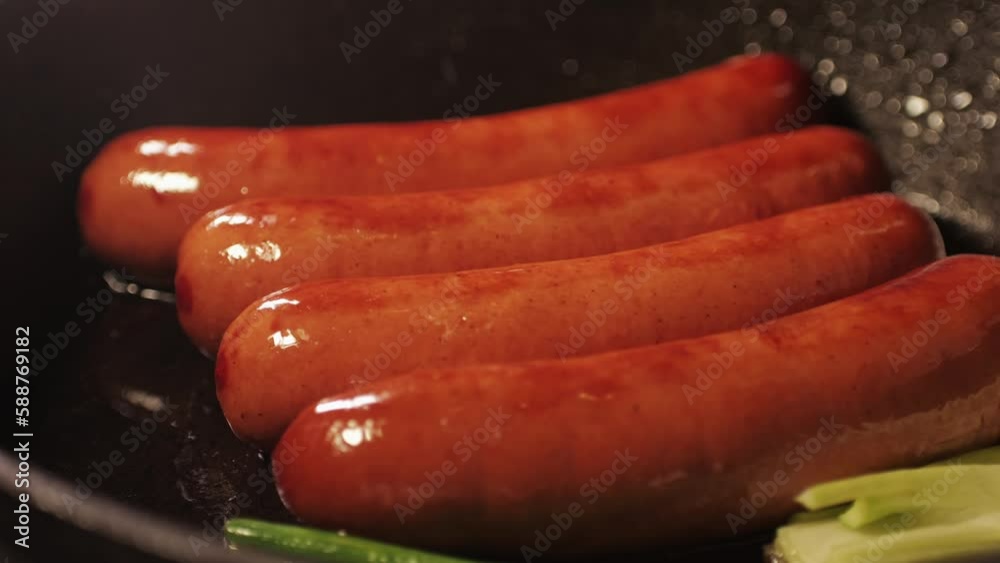 Chef Grill Smoked German Sasuages Tclose Up Frankfurt Bratwursts And Fresh Traditional German