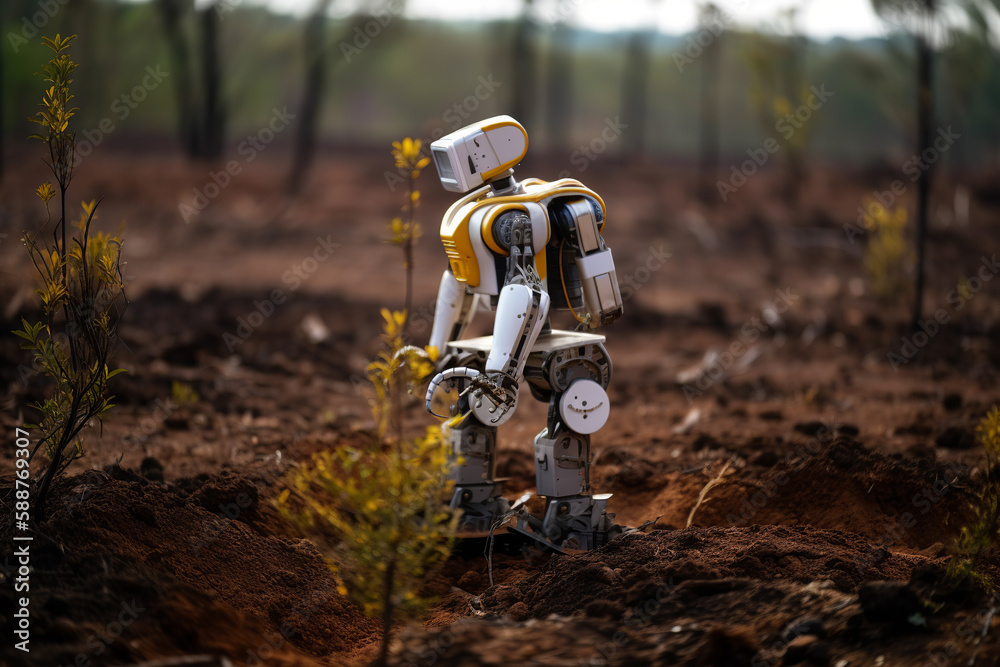 A futuristic vision of a self sufficient robot planting trees in areas ...