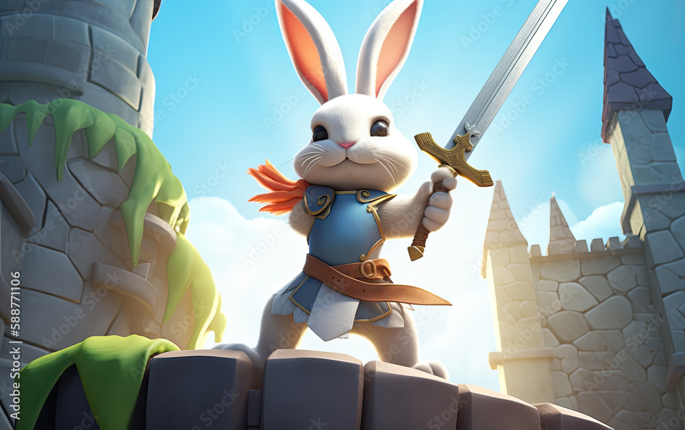 Rabbit fights in knight armor with a medieval sword, like a medieval ...