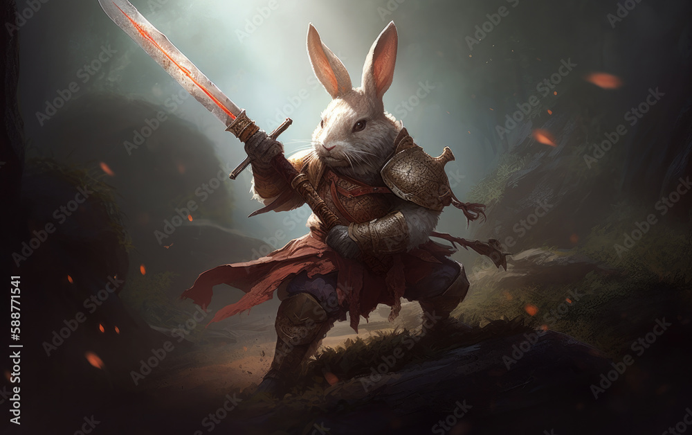 ภาพประกอบสต็อก Rabbit fights in knight armor with a medieval sword ...
