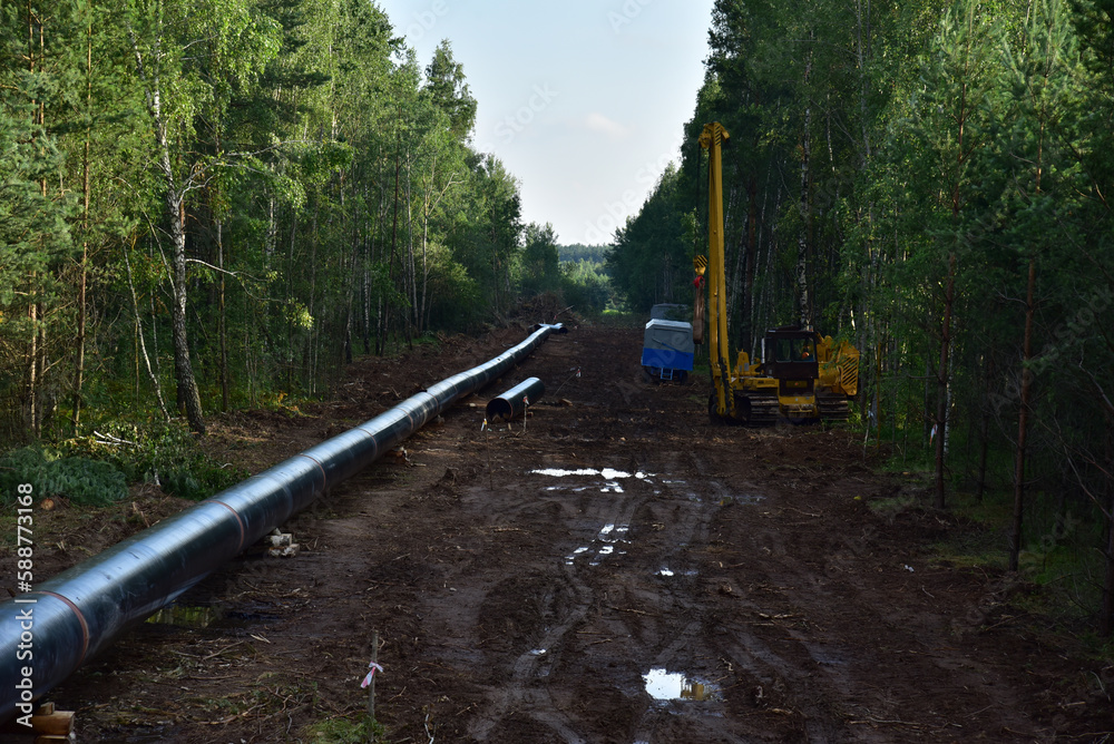 Natural Gas Pipeline Construction. Crude oil transmission in pipe from ...