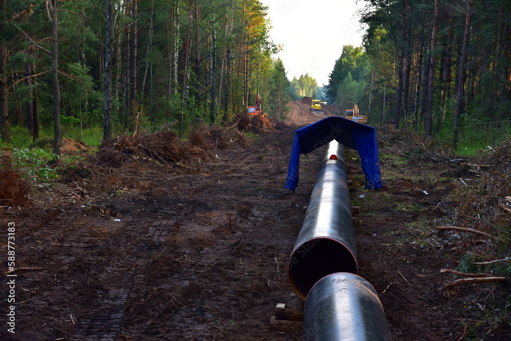 Natural Gas Pipeline Construction. Crude oil transmission in pipe from ...