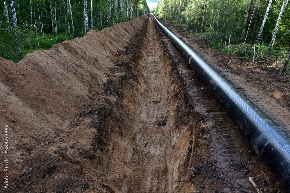 Natural Gas Pipeline Construction. Crude oil transmission in pipe from ...
