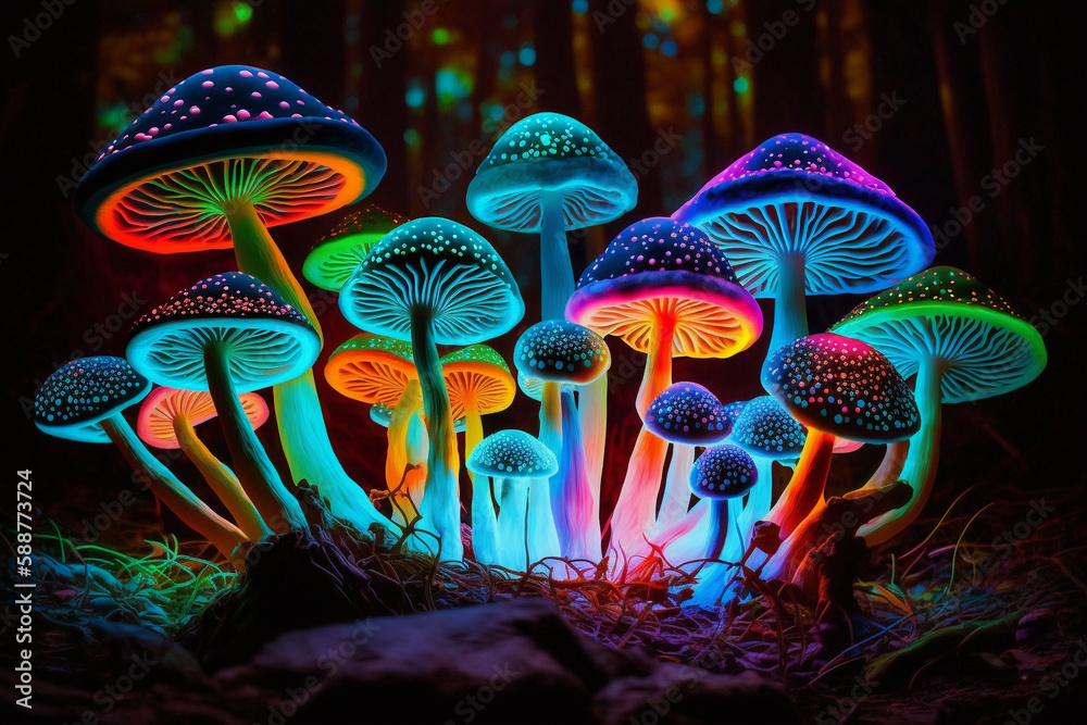 Multi-colored mushrooms in bright neon colors in the forest. Magic ...