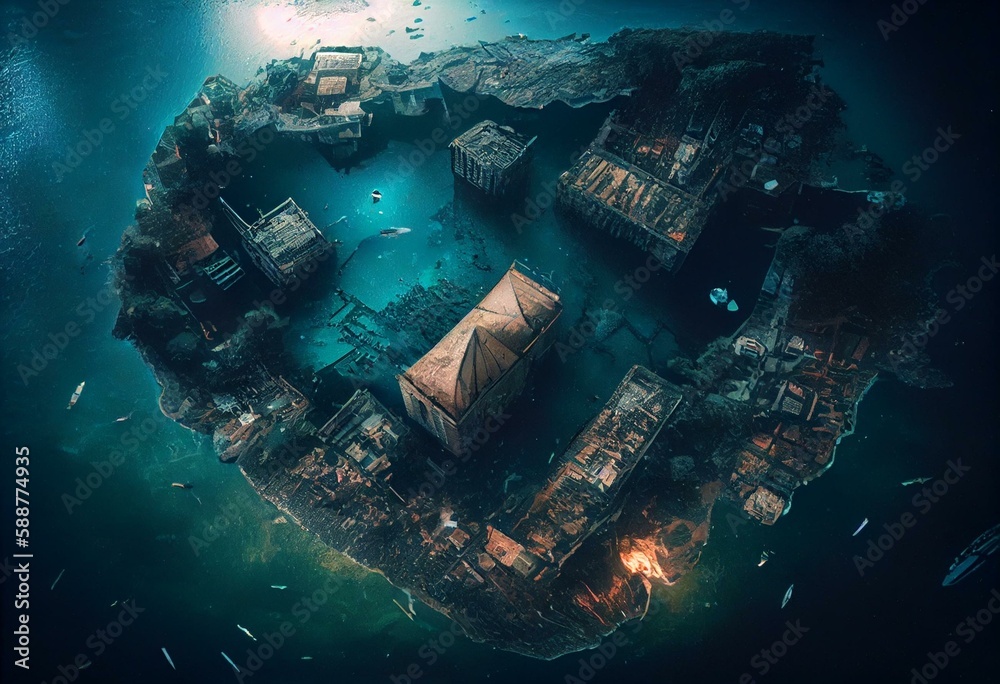 a satellite's aerial view of a dead city submerged underwater, with ...