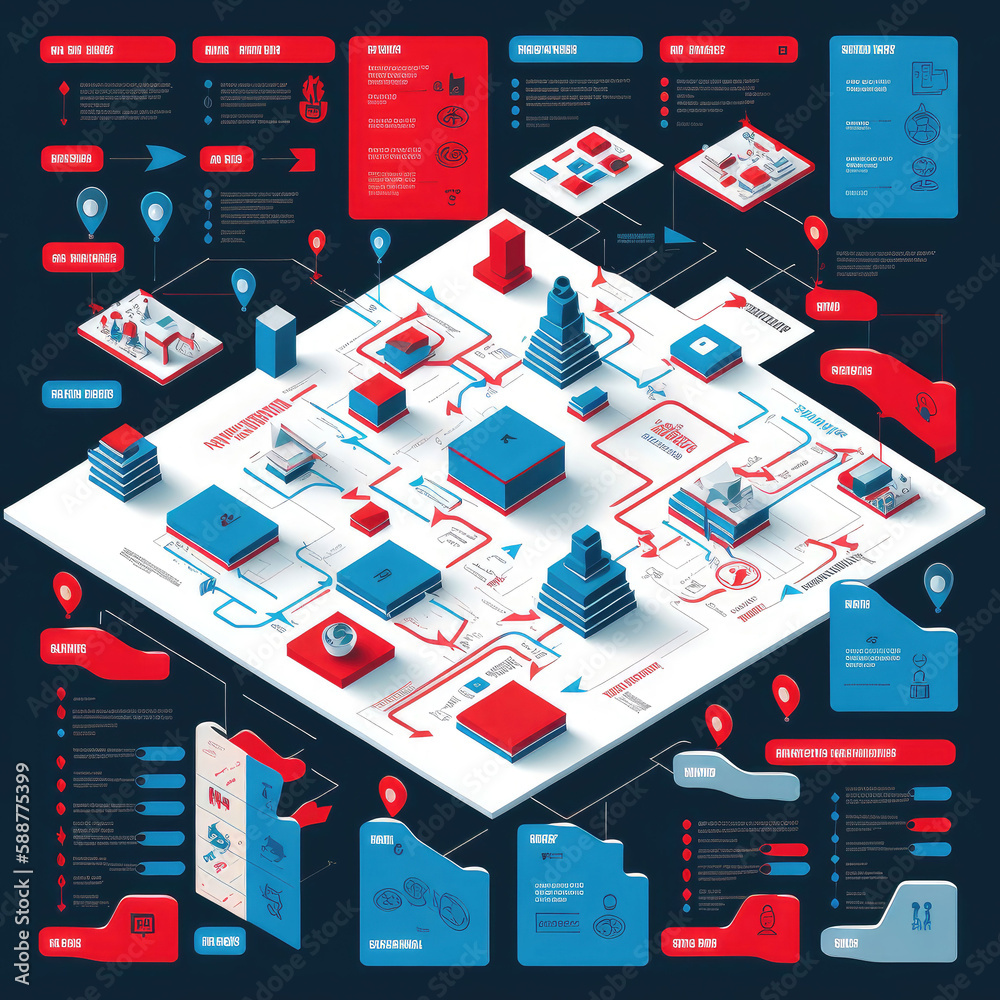 flowchart isometric vector art , city, red and blue accents, public ...
