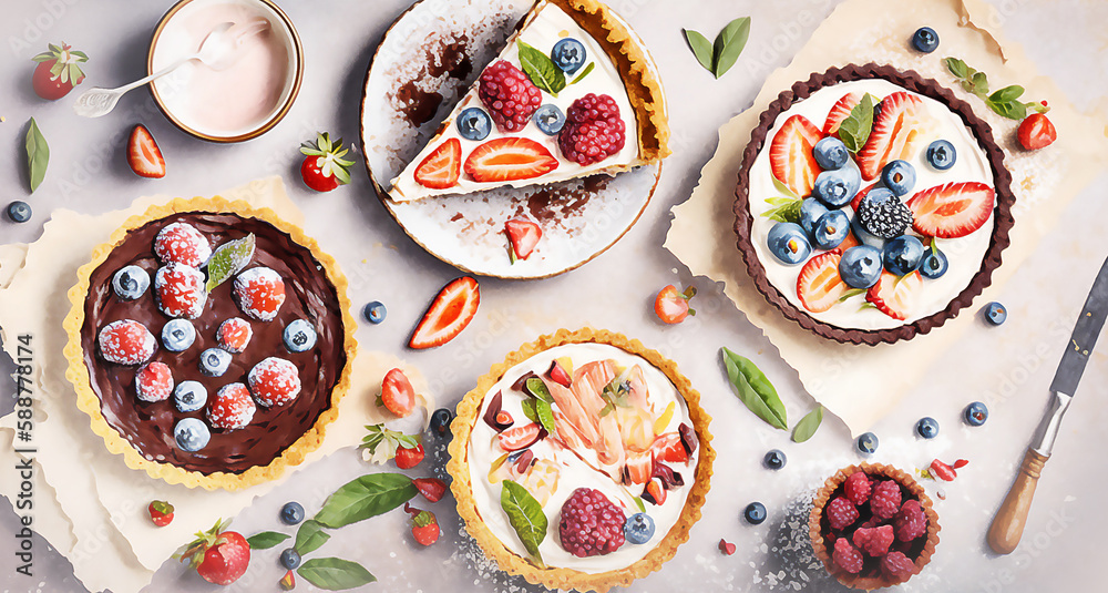 Different types of homemade tarts on light background. Top view, flat ...