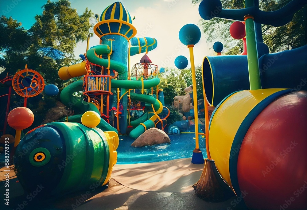 Colorful children's water playground in amusement park. Children's ...