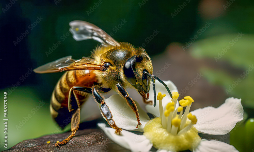 Abeja tomando el nectar de miel en una flor, tecnica de macrofotografia ...