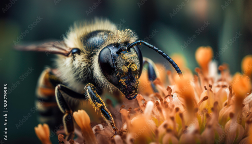 Abeja tomando el nectar de miel en una flor, tecnica de macrofotografia ...
