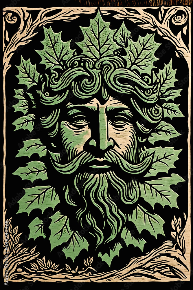 Woodblock print of The Green Man, traditional craft style. Generative ...