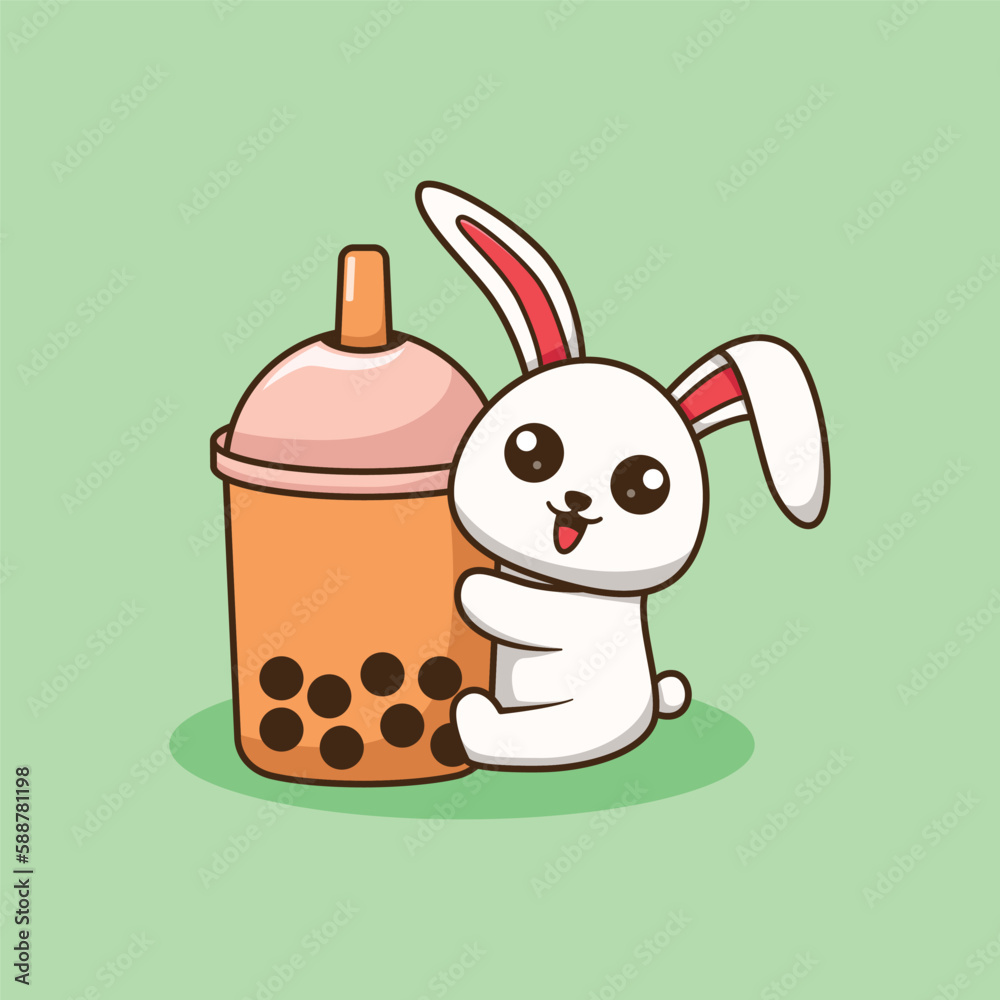 Vector Cute Bunny Rabbit Hugging Boba Illustration. Kawaii Animal and ...