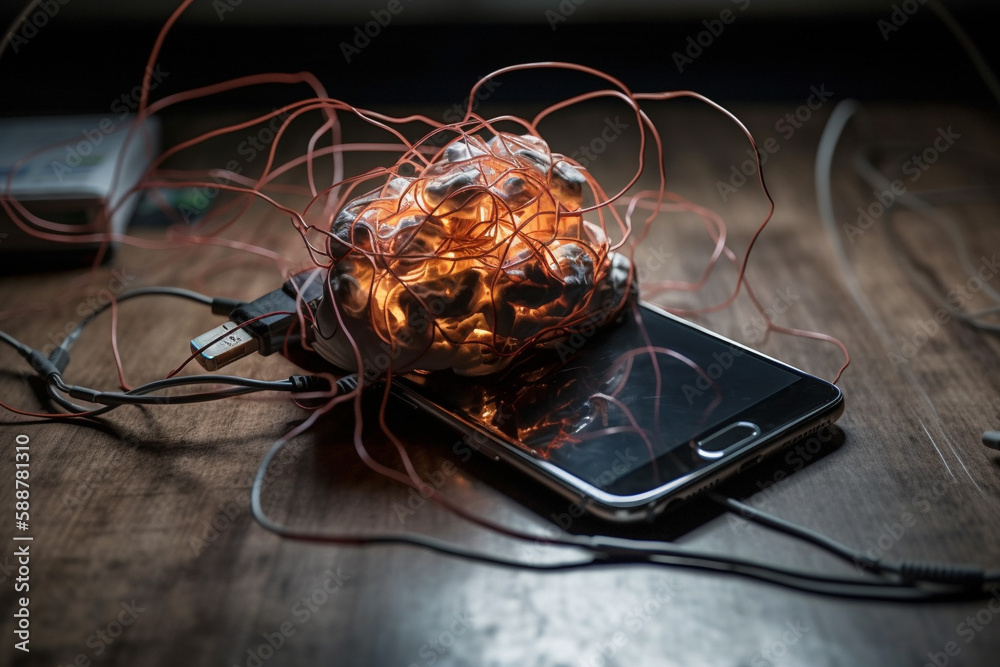 Human brain connected to a mobile phone with wires, representing the ...